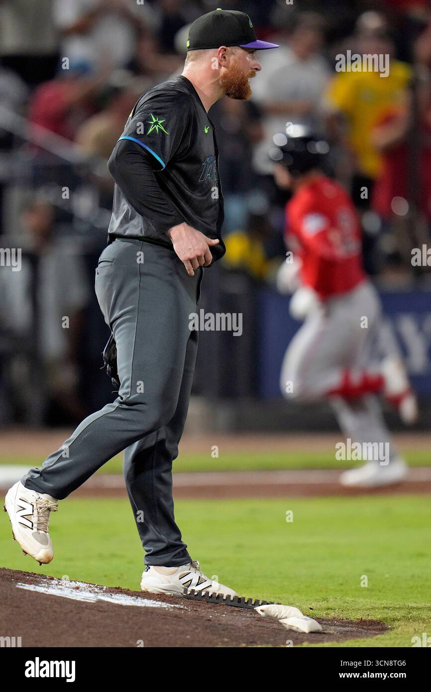 Tampa Bay Rays pitcher Drew Rasmussen reacts as Boston Red Sox's Alex ...