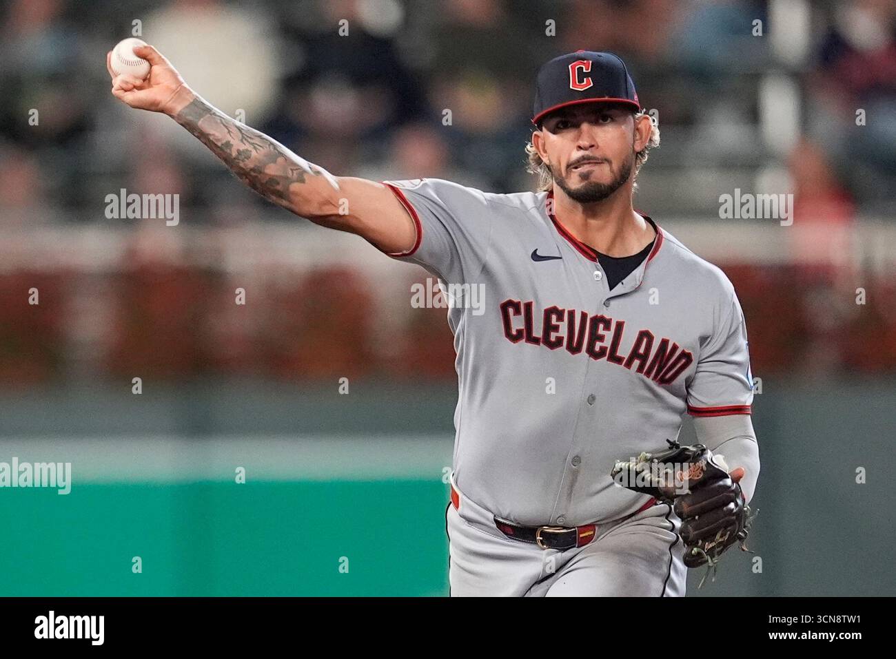 Cleveland Guardians shortstop Gabriel Arias (13) fields a ball hit by ...
