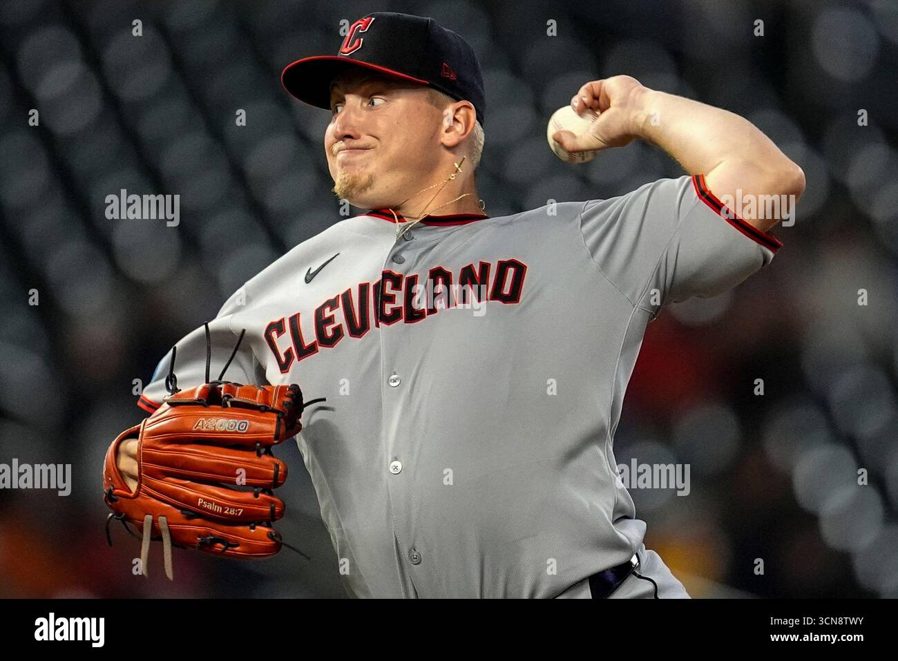Cleveland Guardians pitcher Parker Messick (77) delivers in the third ...