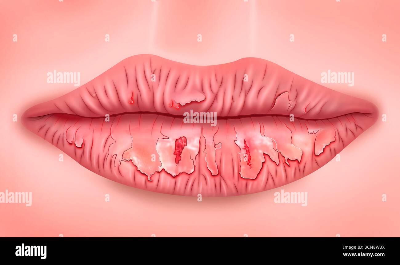 Illustration of chapped lips in Sjogren's syndrome. It is an autoimmune ...