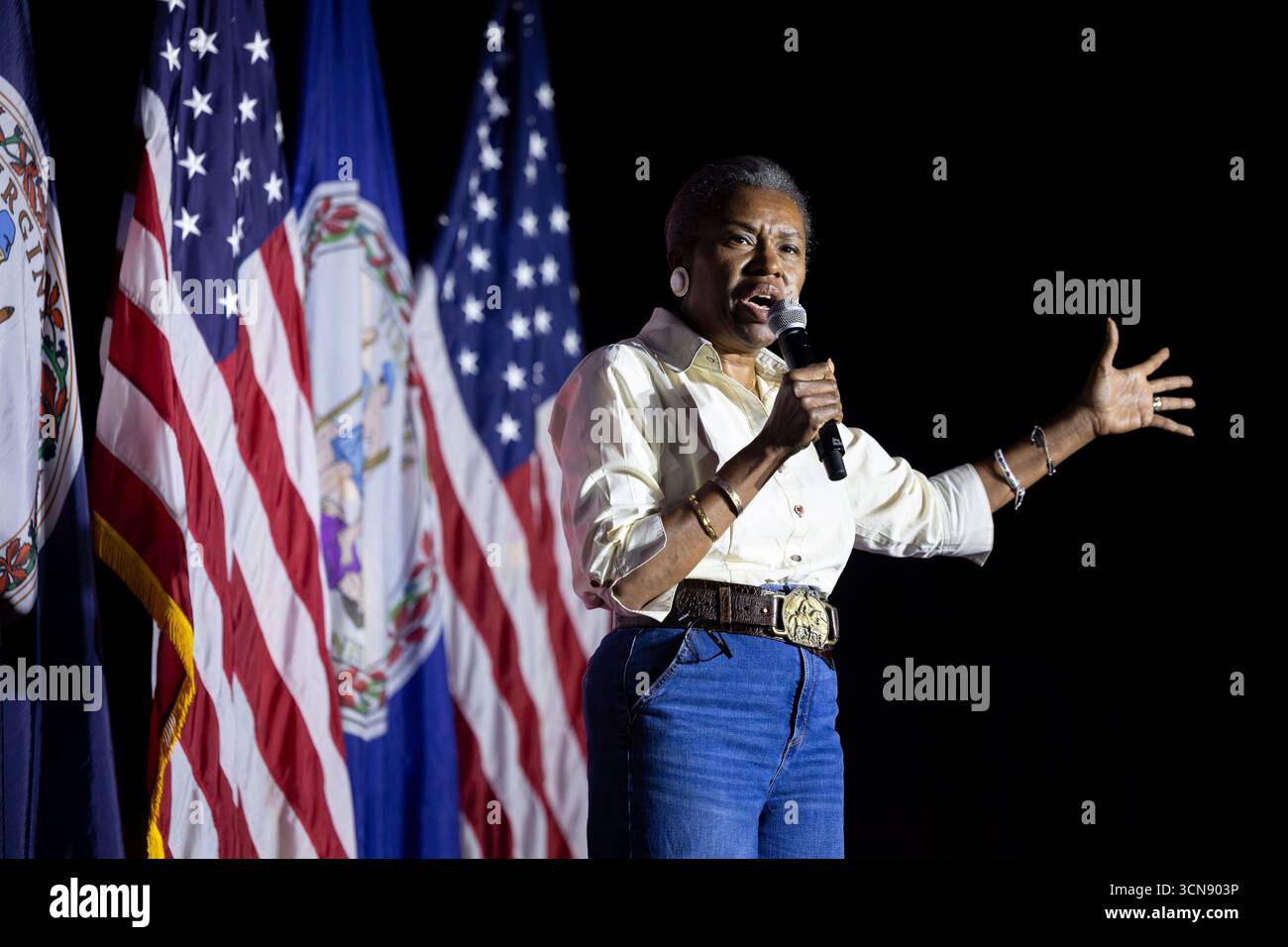 Virginia Republican gubernatorial candidate Winsome Earle-Sears speaks to the crowd during a ...