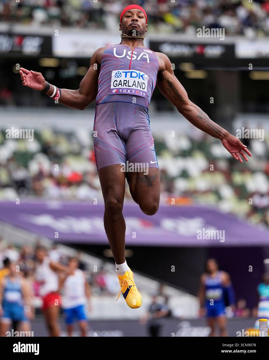 United States' Kyle Garland competes in the decathlon long jump at the ...