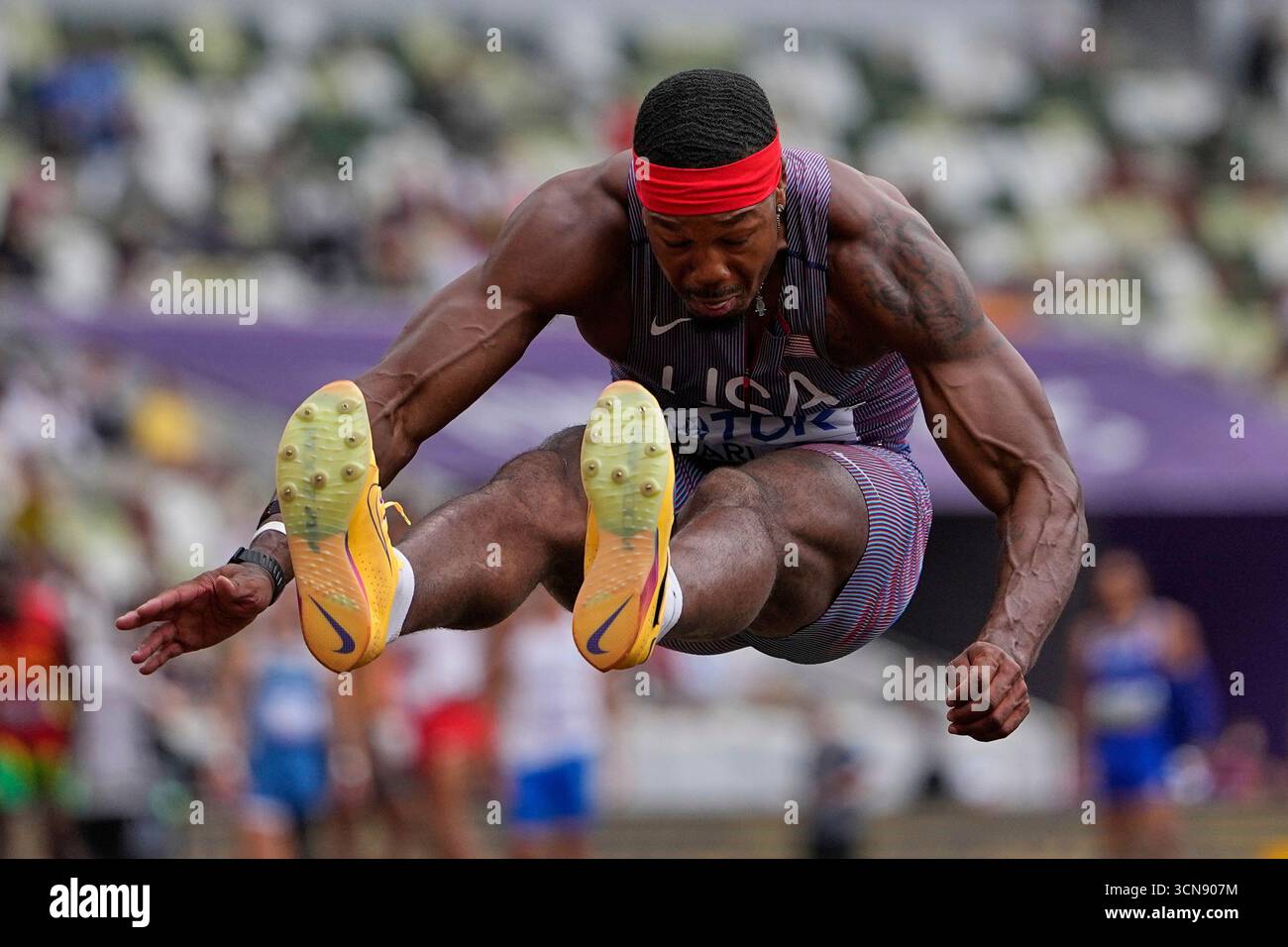 United States' Kyle Garland competes in the decathlon long jump at the ...