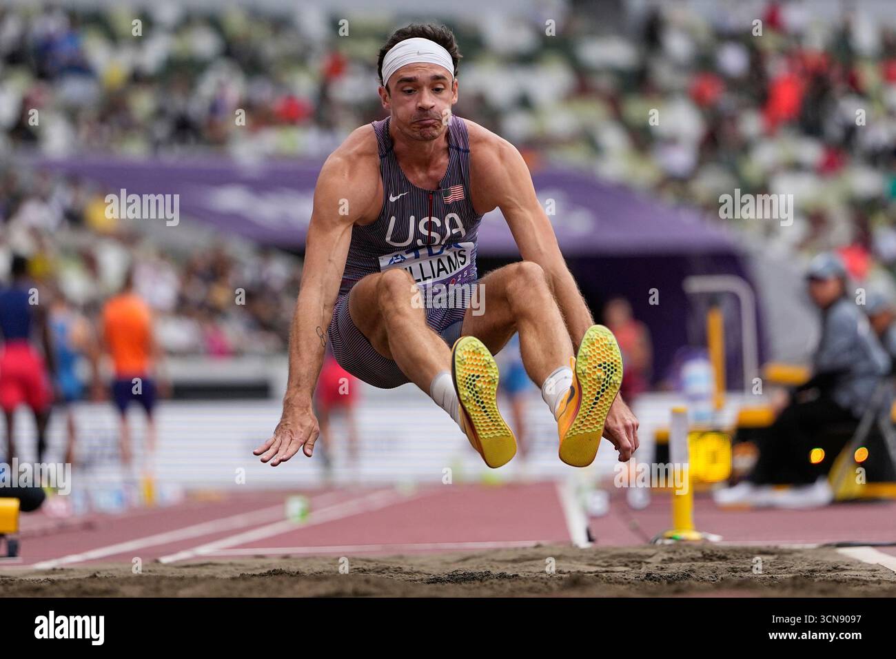 United States' Harrison Williams competes in the decathlon long jump at ...
