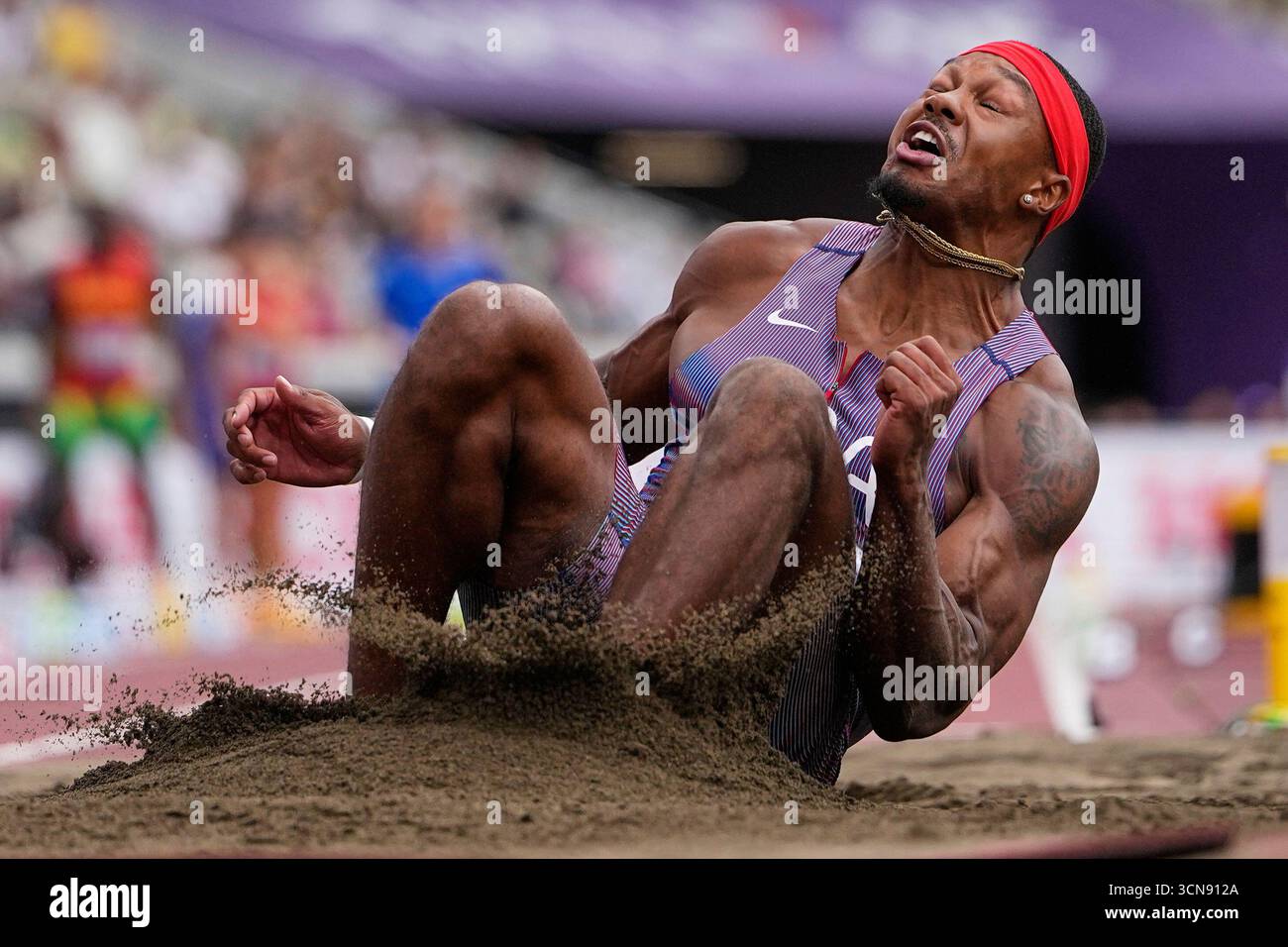 United States' Kyle Garland competes in the decathlon long jump at the ...