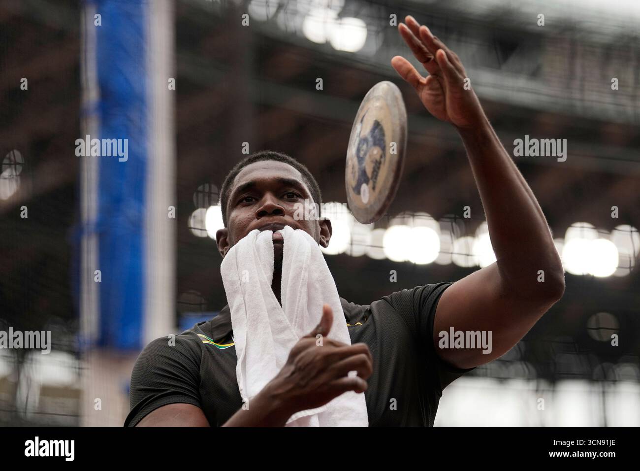 Jamaica's Fedrick Dacres prepares for an attempt in the men's discus throw qualification at the ...