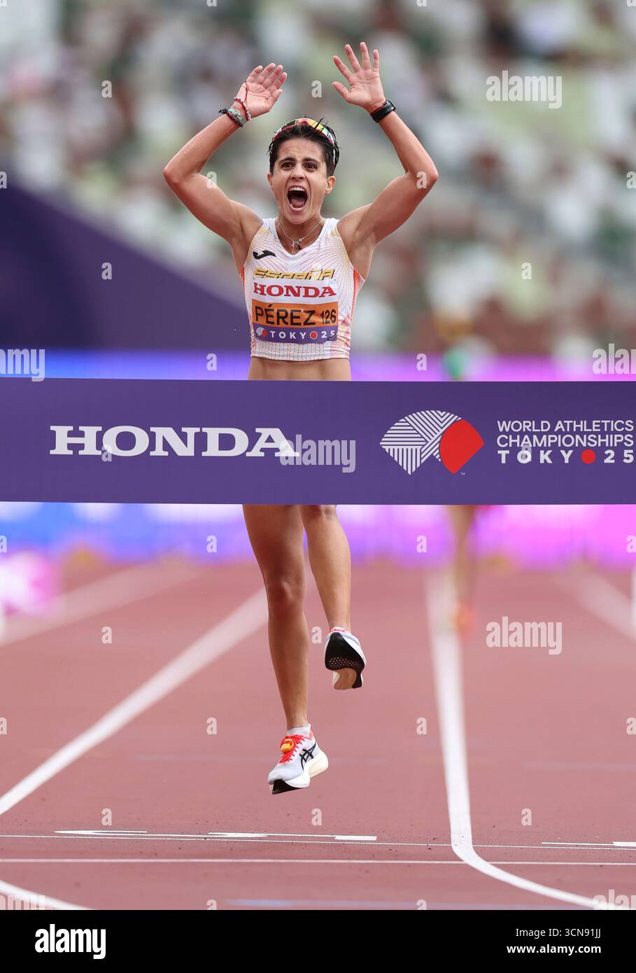 María PÉREZ of Spain reacts after winning the women's 20 kilometers ...