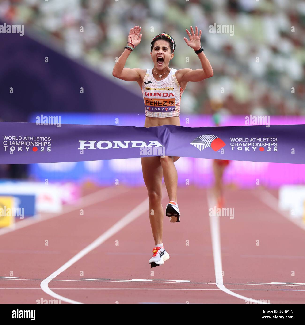 María PÉREZ of Spain reacts after winning the women's 20 kilometers ...