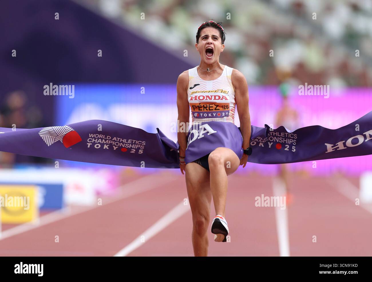 María PÉREZ of Spain reacts after winning the women's 20 kilometers ...