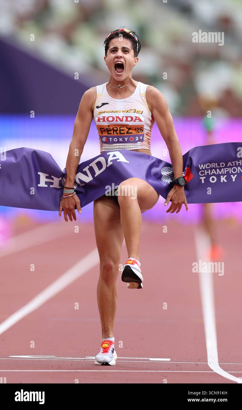 María PÉREZ of Spain reacts after winning the women's 20 kilometers ...