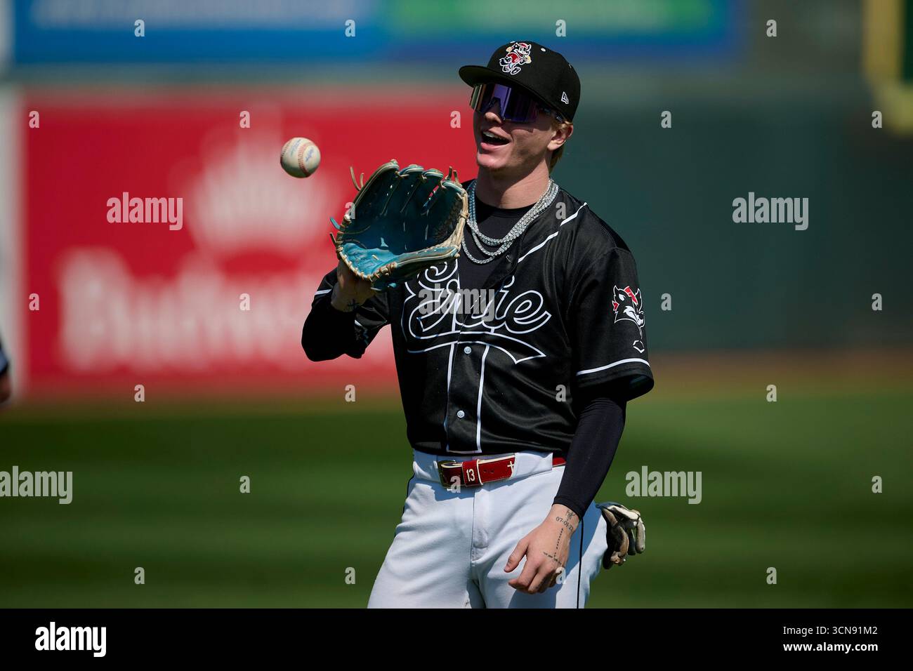 Erie SeaWolves outfielder Max Clark (13) during warmups before an MiLB ...