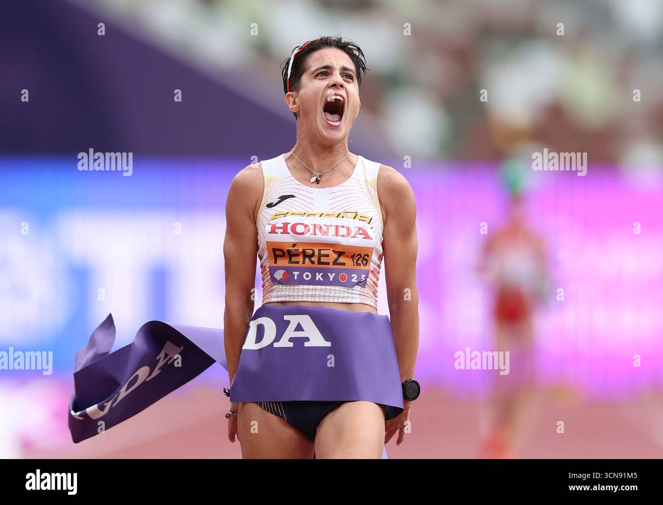 María PÉREZ of Spain reacts after winning the women's 20 kilometers ...