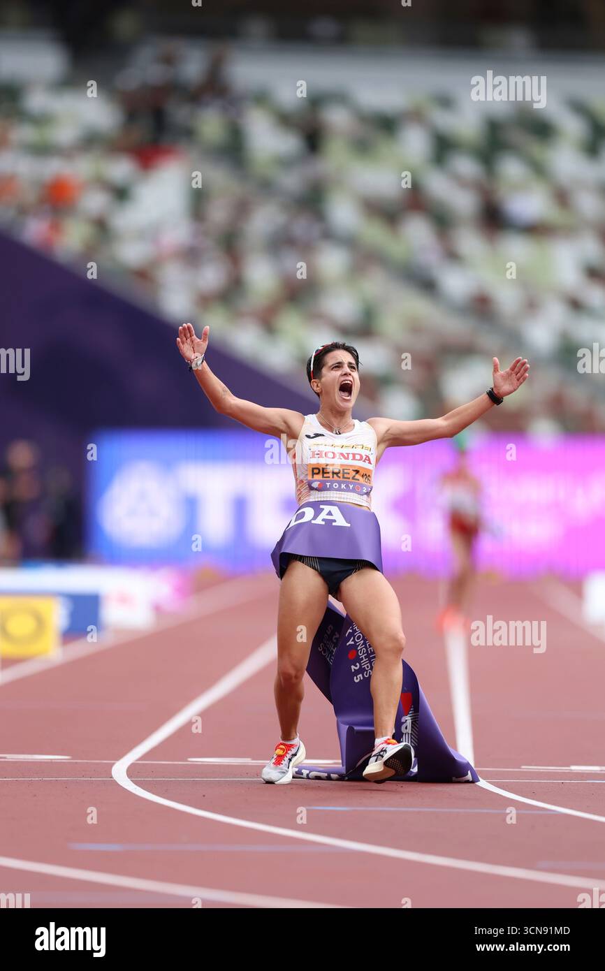 María PÉREZ of Spain reacts after winning the women's 20 kilometers ...