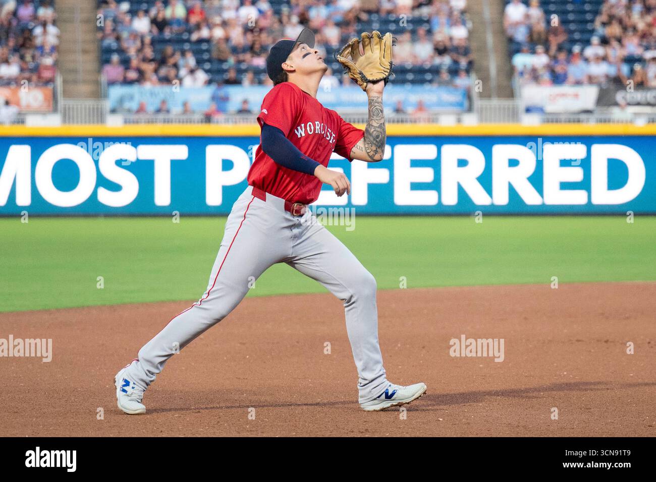 Third baseman Mikey Romero (7) of the Worcester Red Sox in action ...