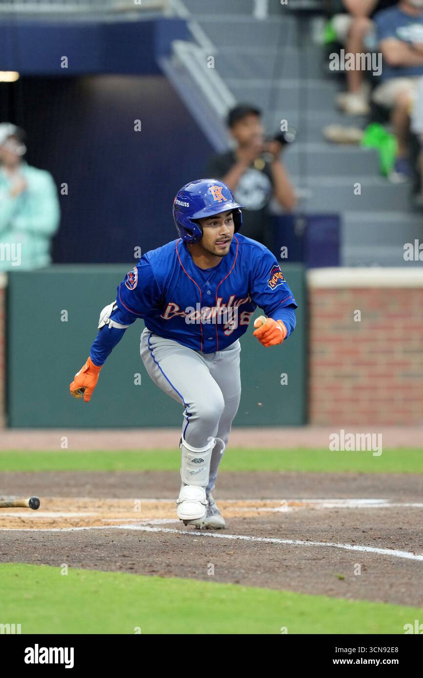 Matt Rudick (58) of the Brooklyn Cyclones runs toward first base in the ...
