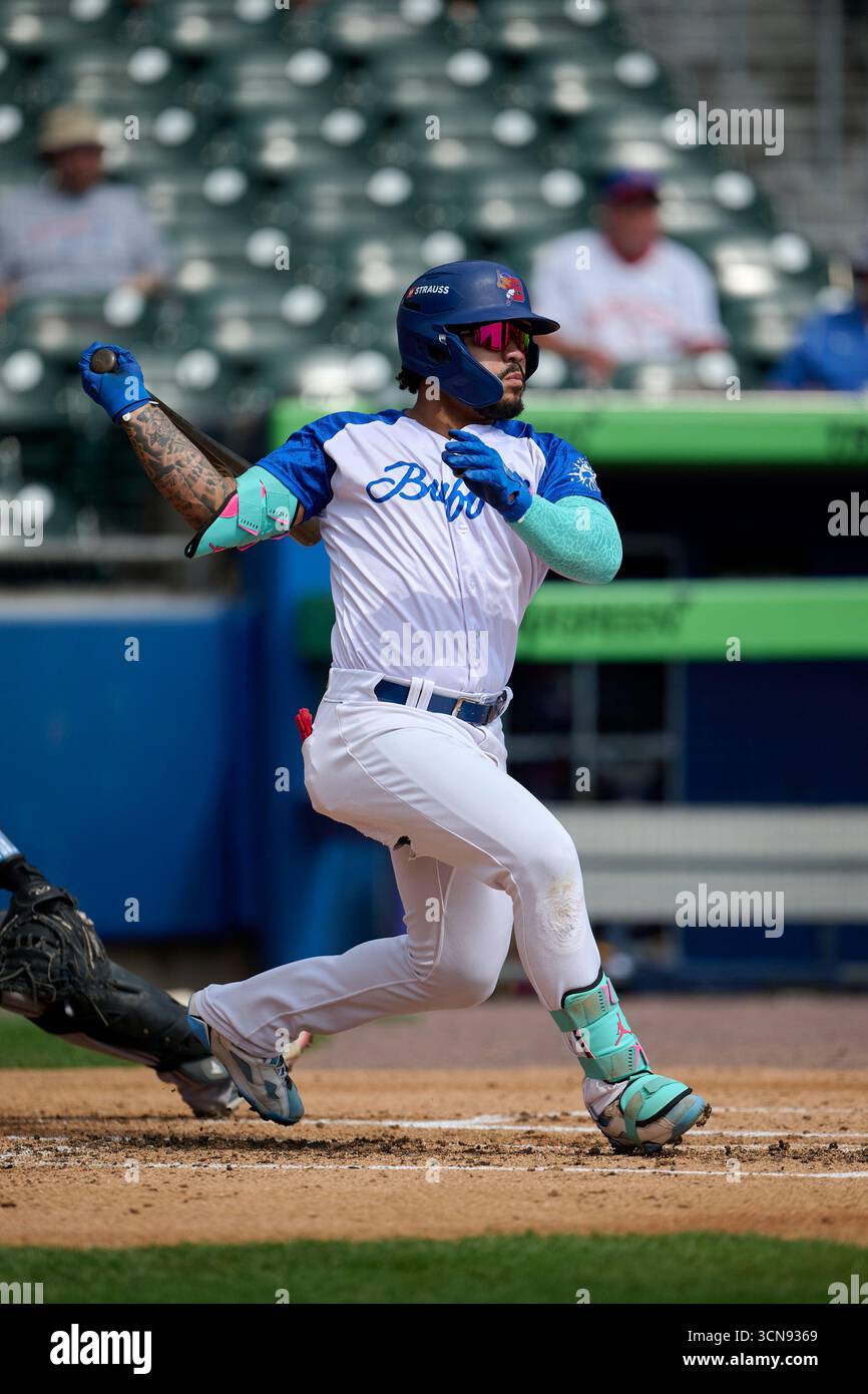 Buffalo Bisons Yohendrick Pinango (27) bats during an MiLB ...