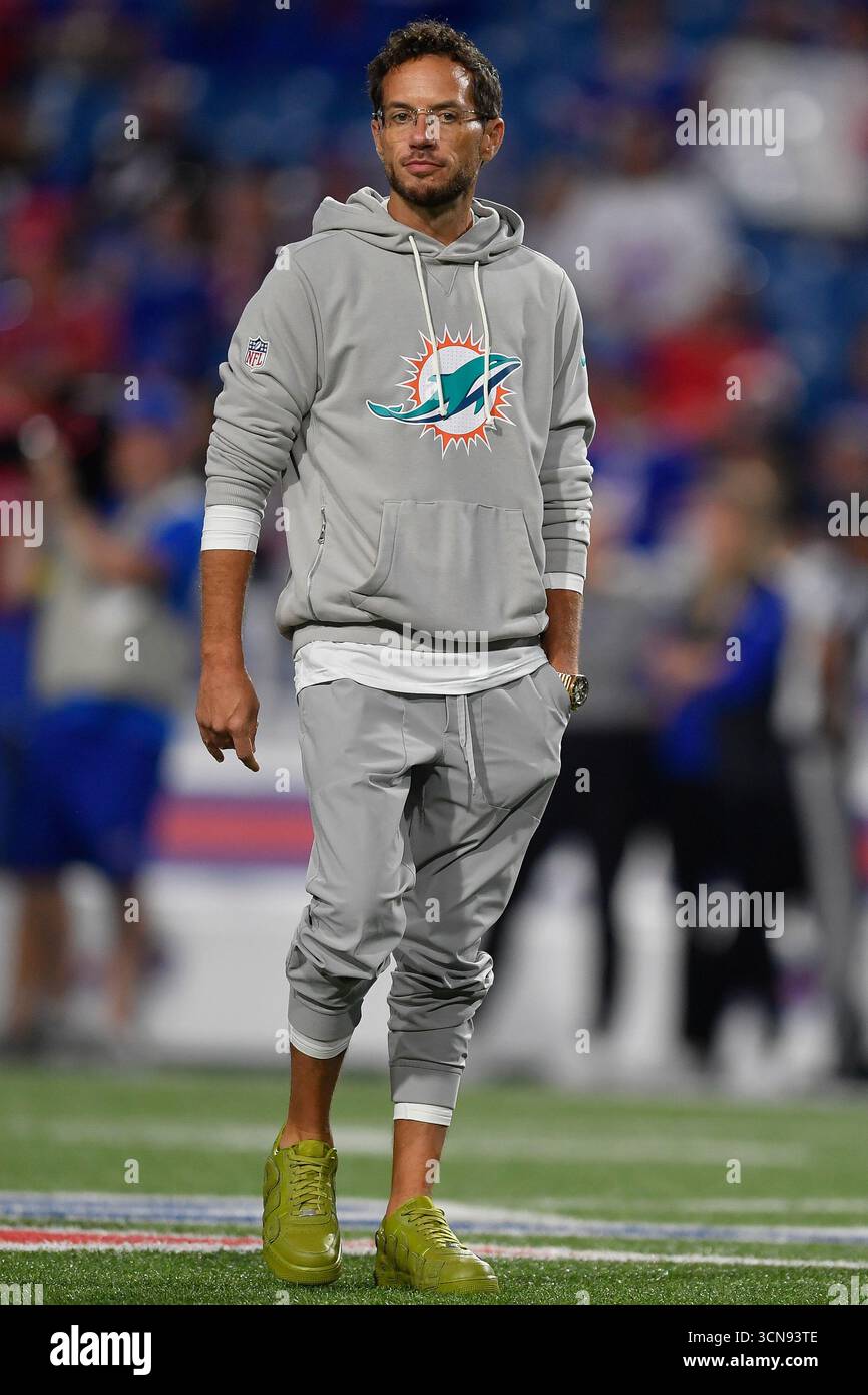 Miami Dolphins head coach Mike McDaniel watches warm ups before an NFL ...