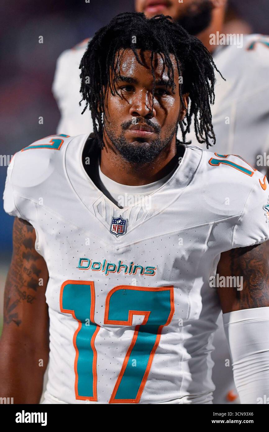 Miami Dolphins wide receiver Jaylen Waddle (17) walks off the field ...