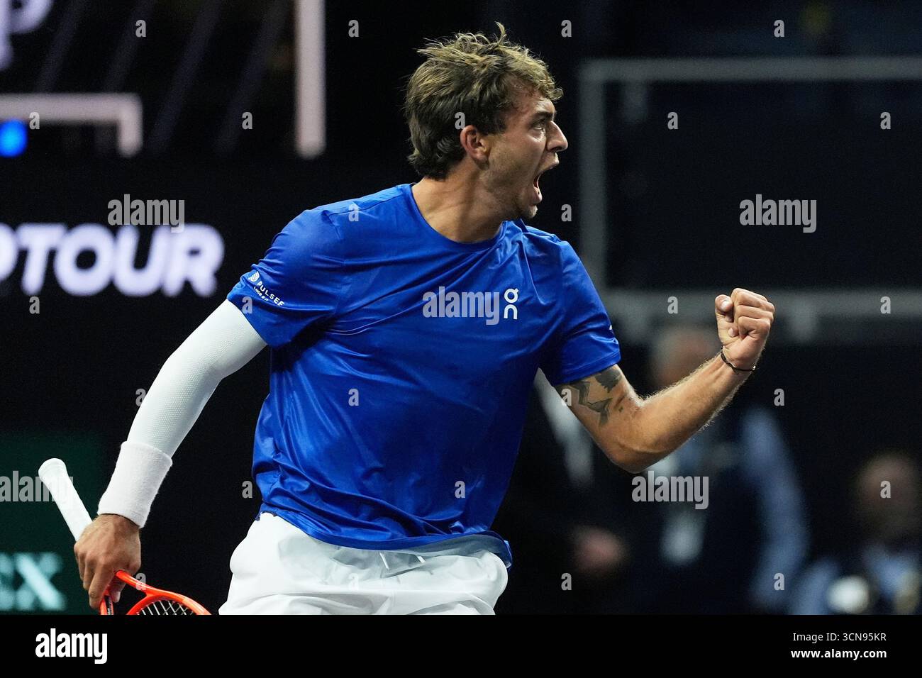 Team Europe's Flavio Cobolli, of Italy, reacts after winning a game ...