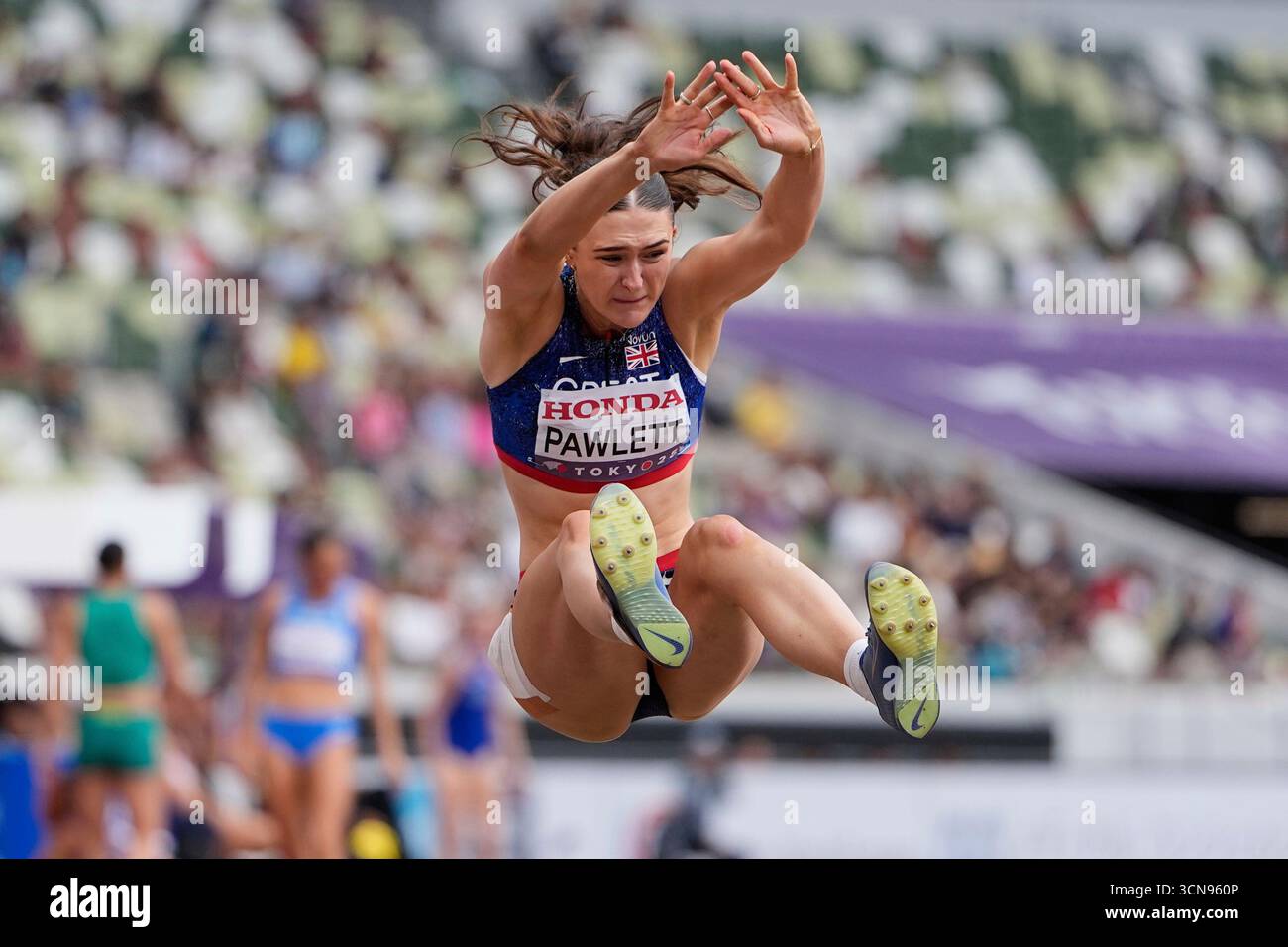 Britain's Abigail Pawlett competes in the heptathlon long jump at the ...