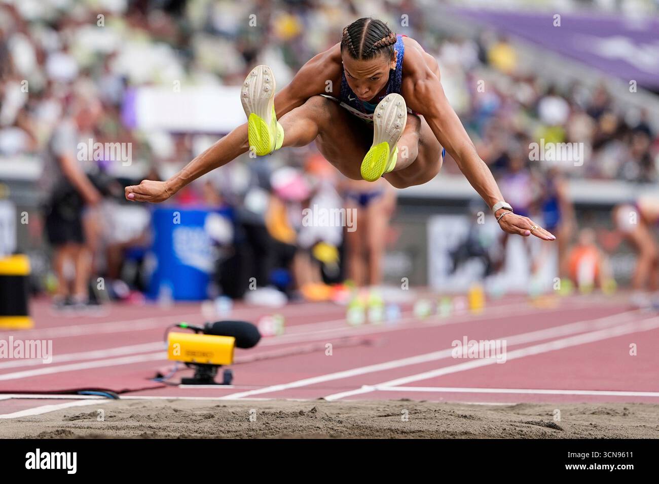 United States' Anna Hall competes in the heptathlon long jump at the ...