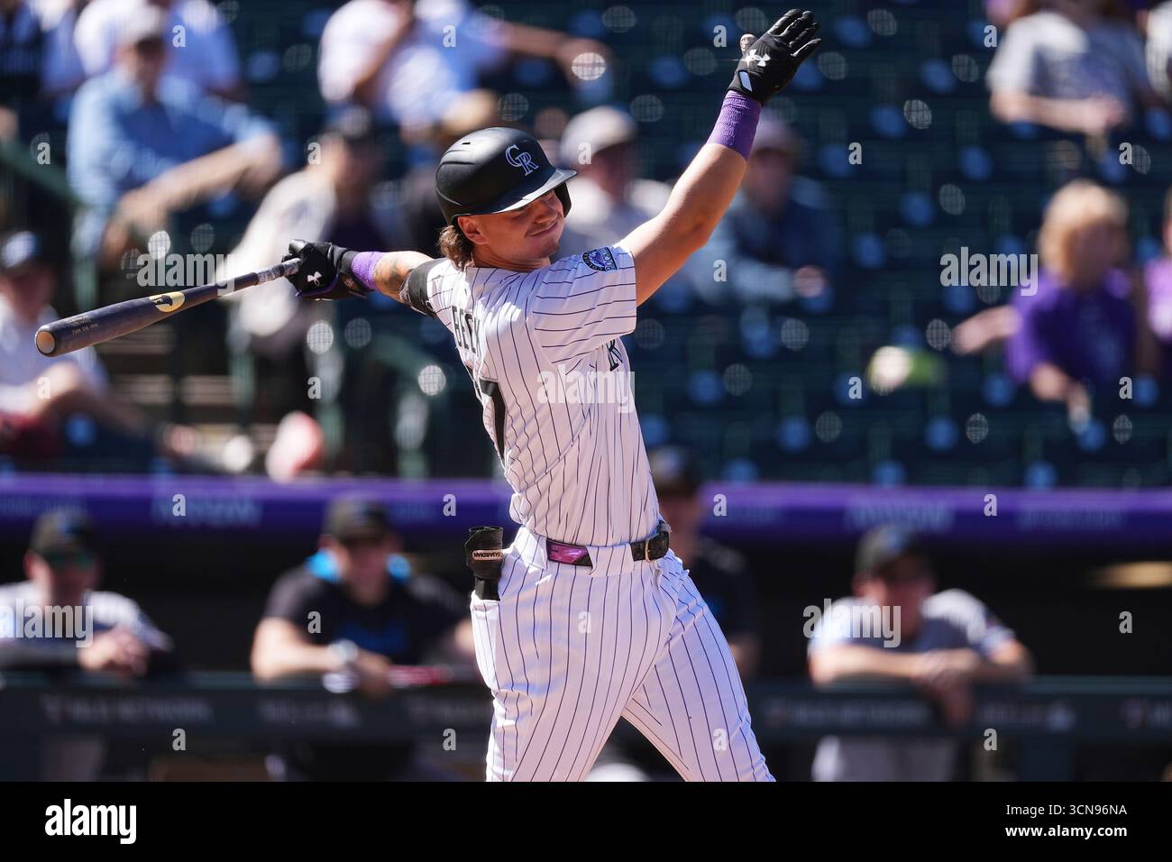 Colorado Rockies left fielder Jordan Beck (27) in the first inning of a ...