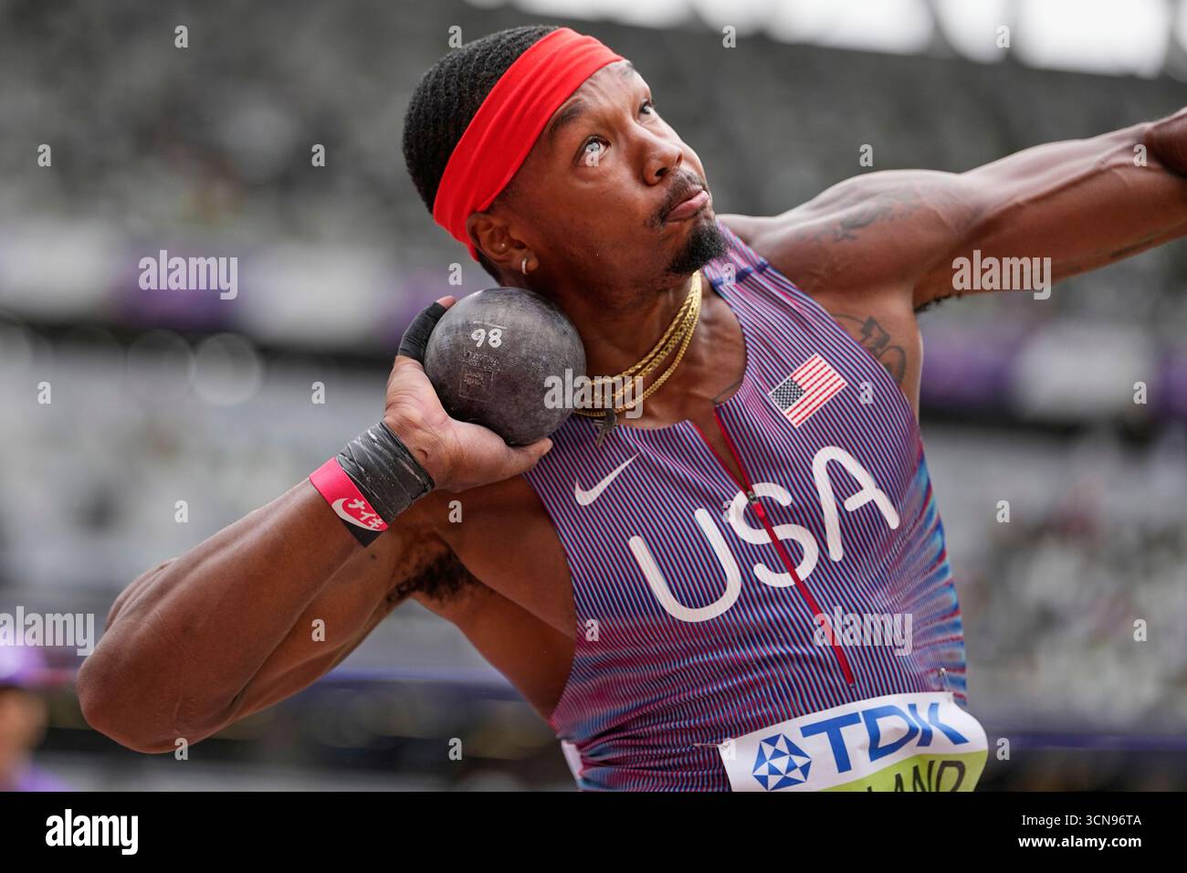 United States' Kyle Garland competes in the decathlon shot put at the ...