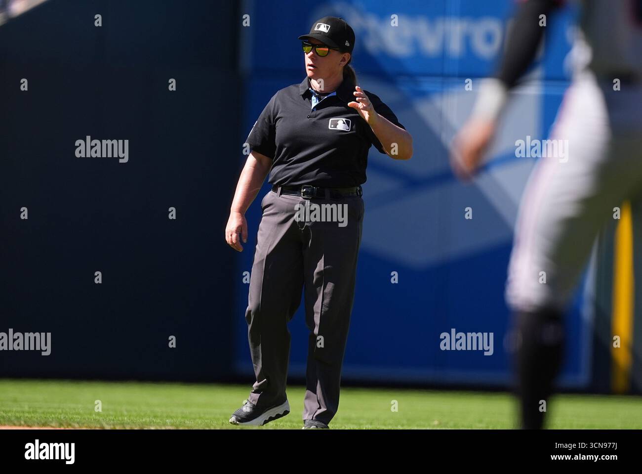 Third base umpire Jen Pawol in the fifth inning of a baseball game ...