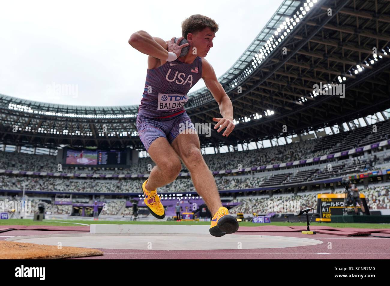 United States' Heath Baldwin competes in the decathlon shot put at the ...