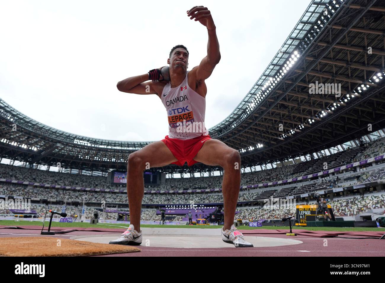 Canada's Pierce Lepage competes in the decathlon shot put at the World ...