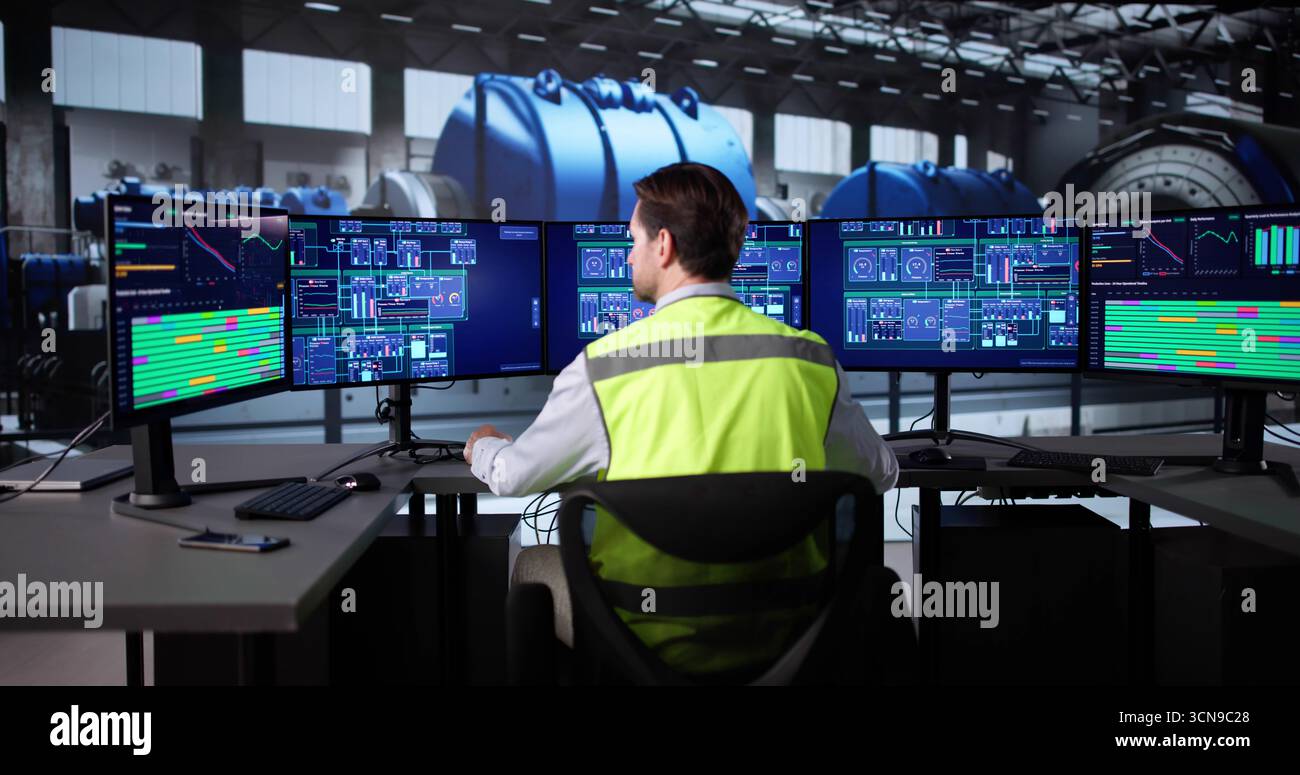 Senior Engineer Monitoring Power Plant SCADA System Control Screen ...
