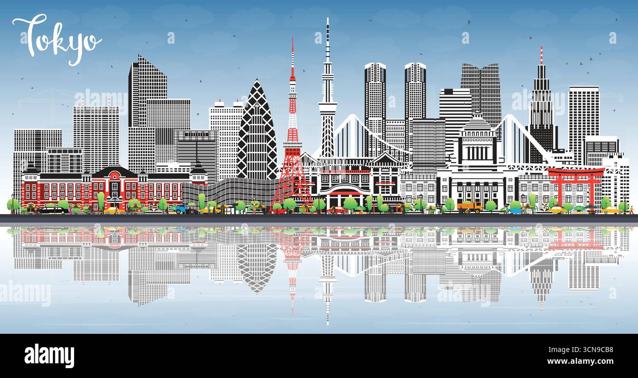 Tokyo Japan city skyline with color buildings, blue sky and reflections ...