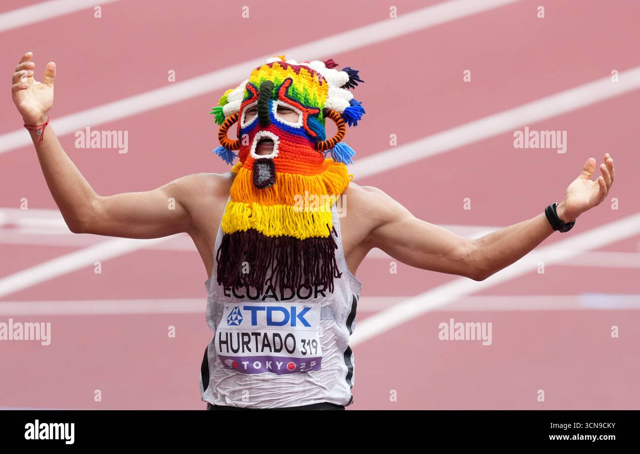 Ecuador's David Hurtado finish's the Men's 20km Race Walk wearing a ...