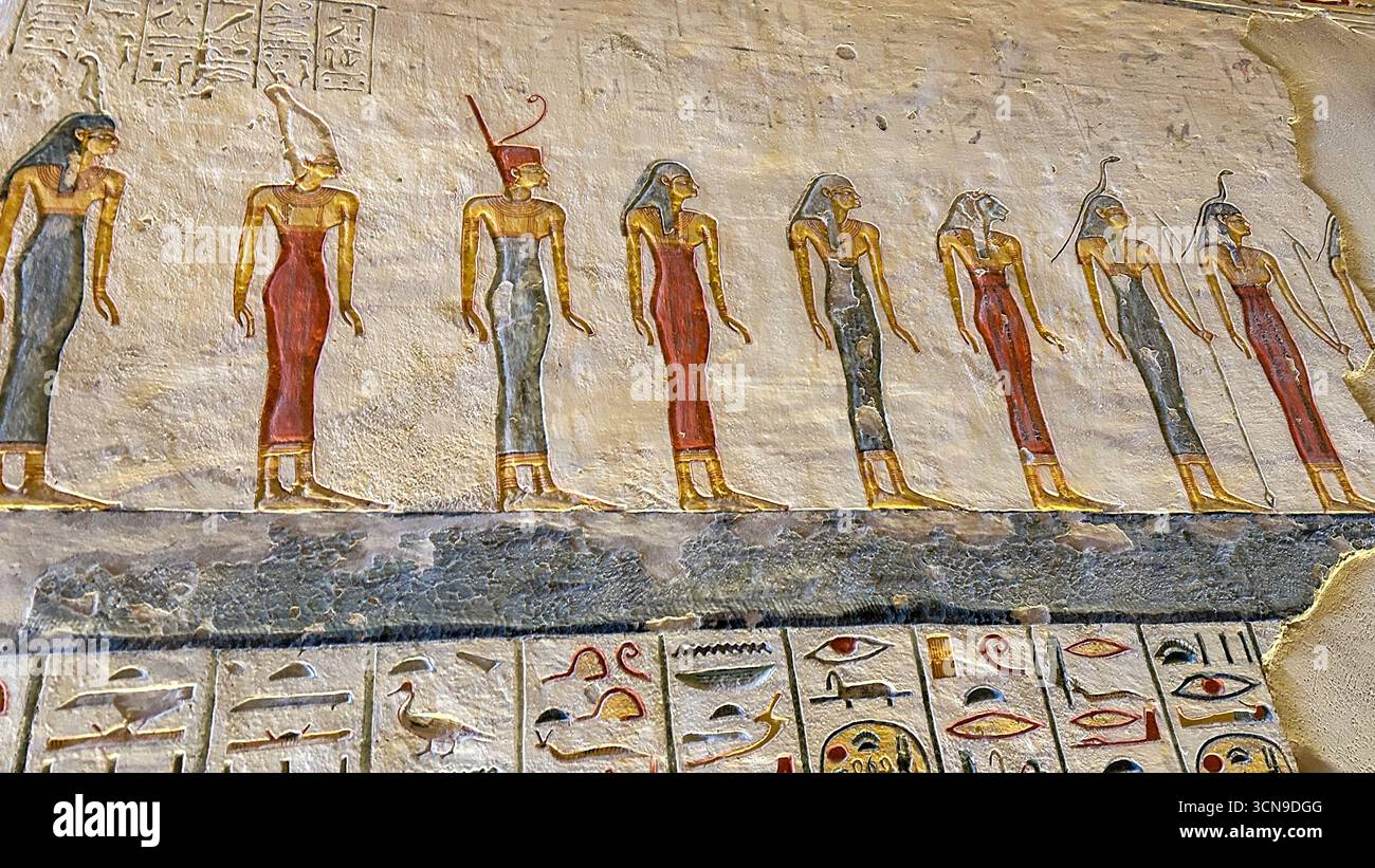 Valley of the Kings, Egypt - Feb 11, 2025: Painted relief showing a row ...