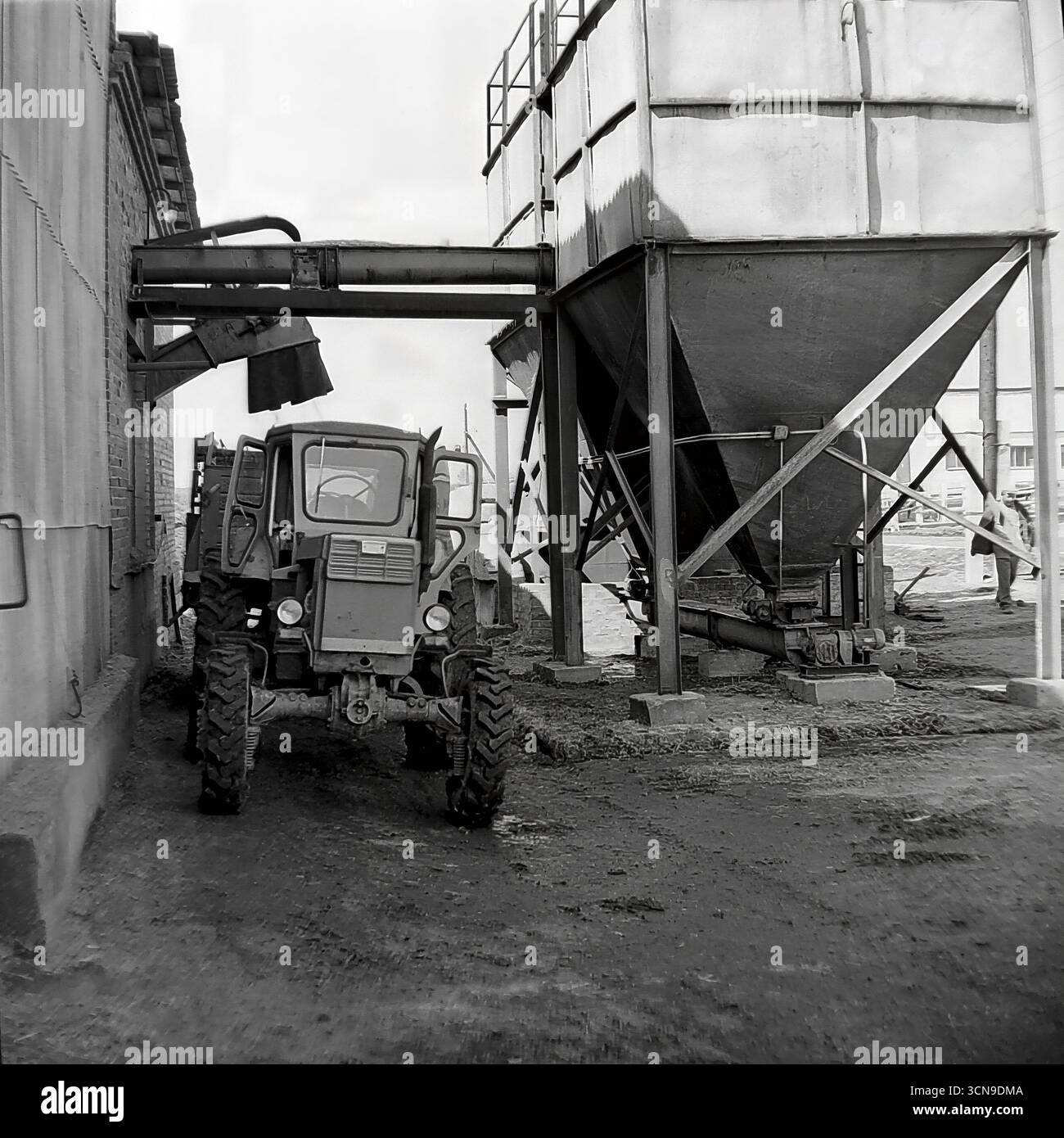 A historical photograph from the 1980s, showing the mechanized process ...