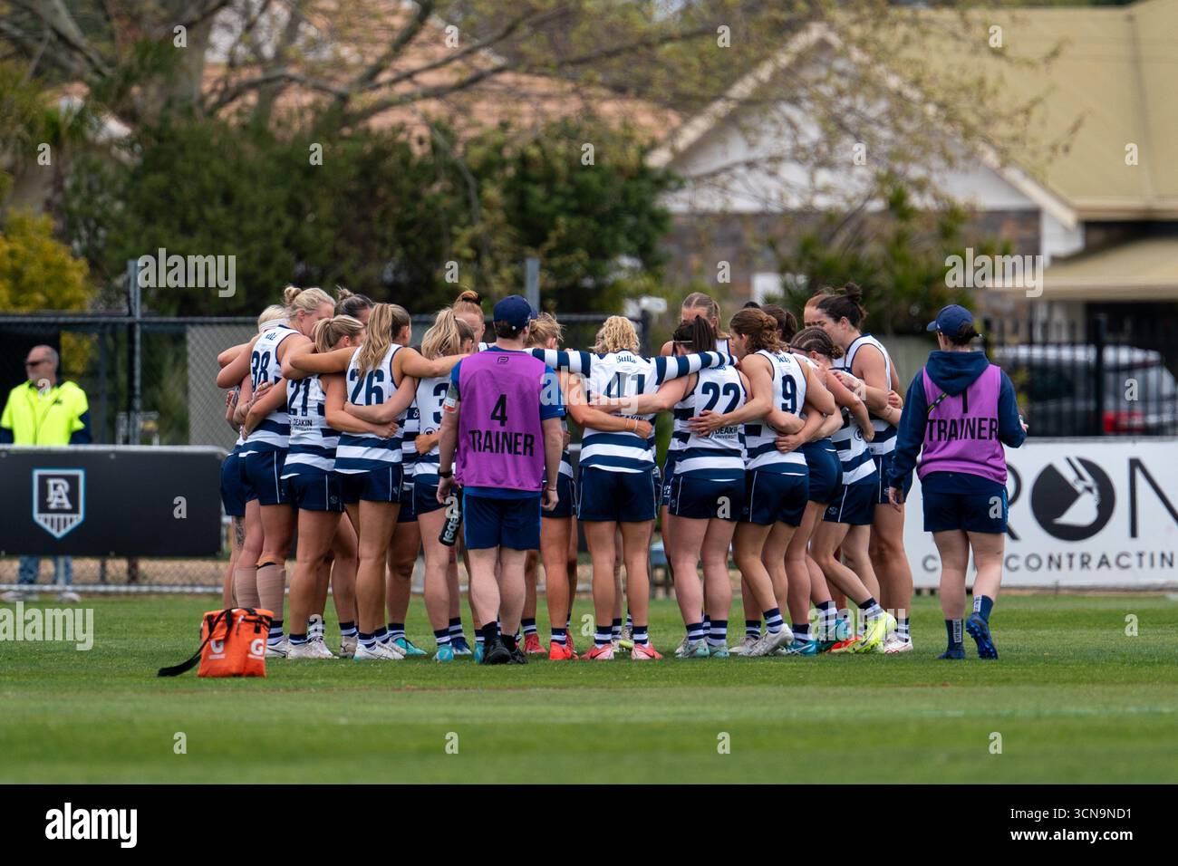 Players of Geelong Cats huddle up before the 2025 NAB AFLW Season game ...