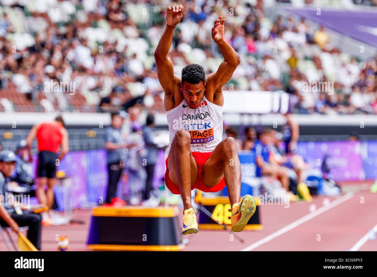 Pierce Lepage of Canada during the Decathlon Men's Long Jump during ...