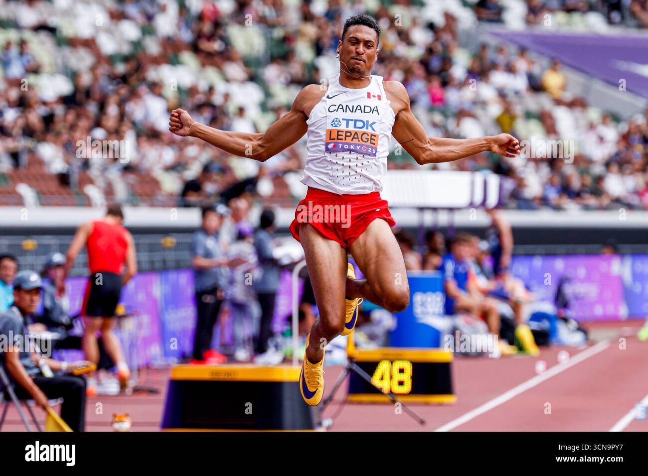Pierce Lepage of Canada during the Decathlon Men's Long Jump during ...