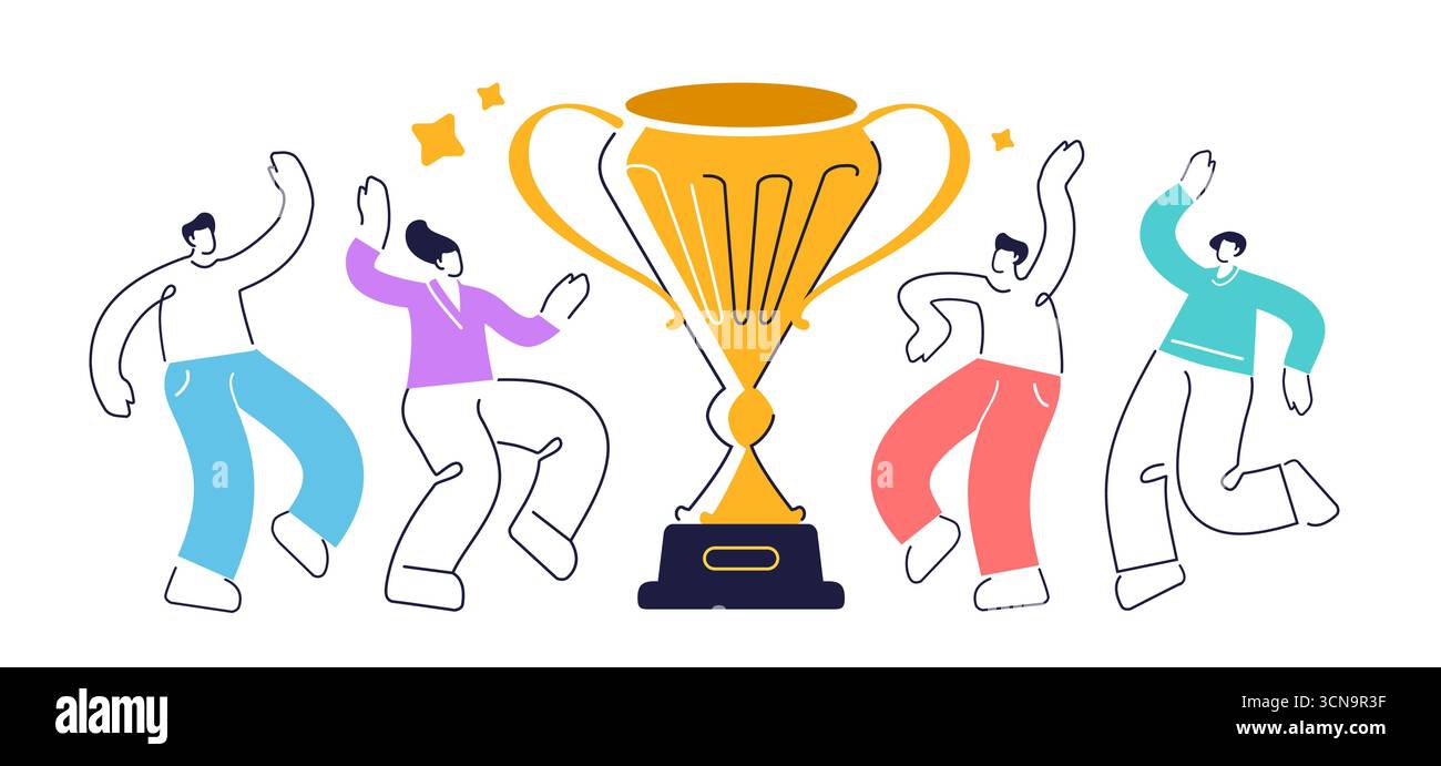 Happy people with trophy award. Teamwork, celebrating victory in ...