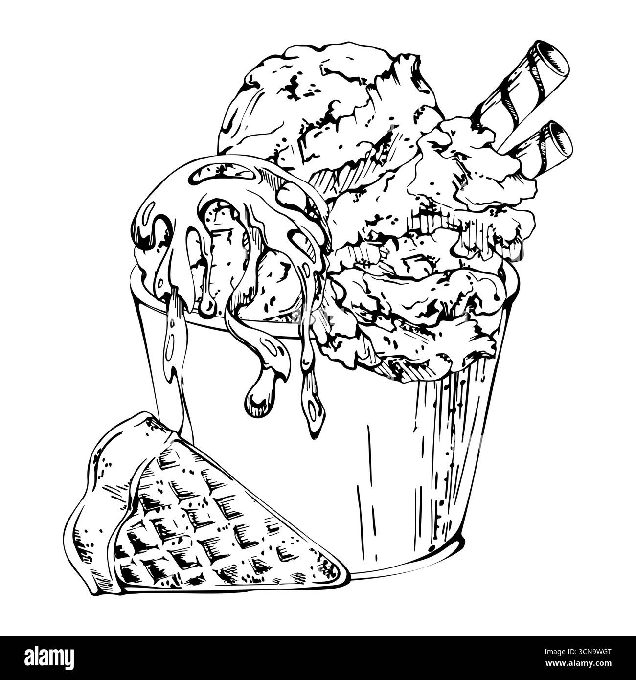 Crisp wafer rolls on gelato scoop in paper cup, waffle slice, dripping ...