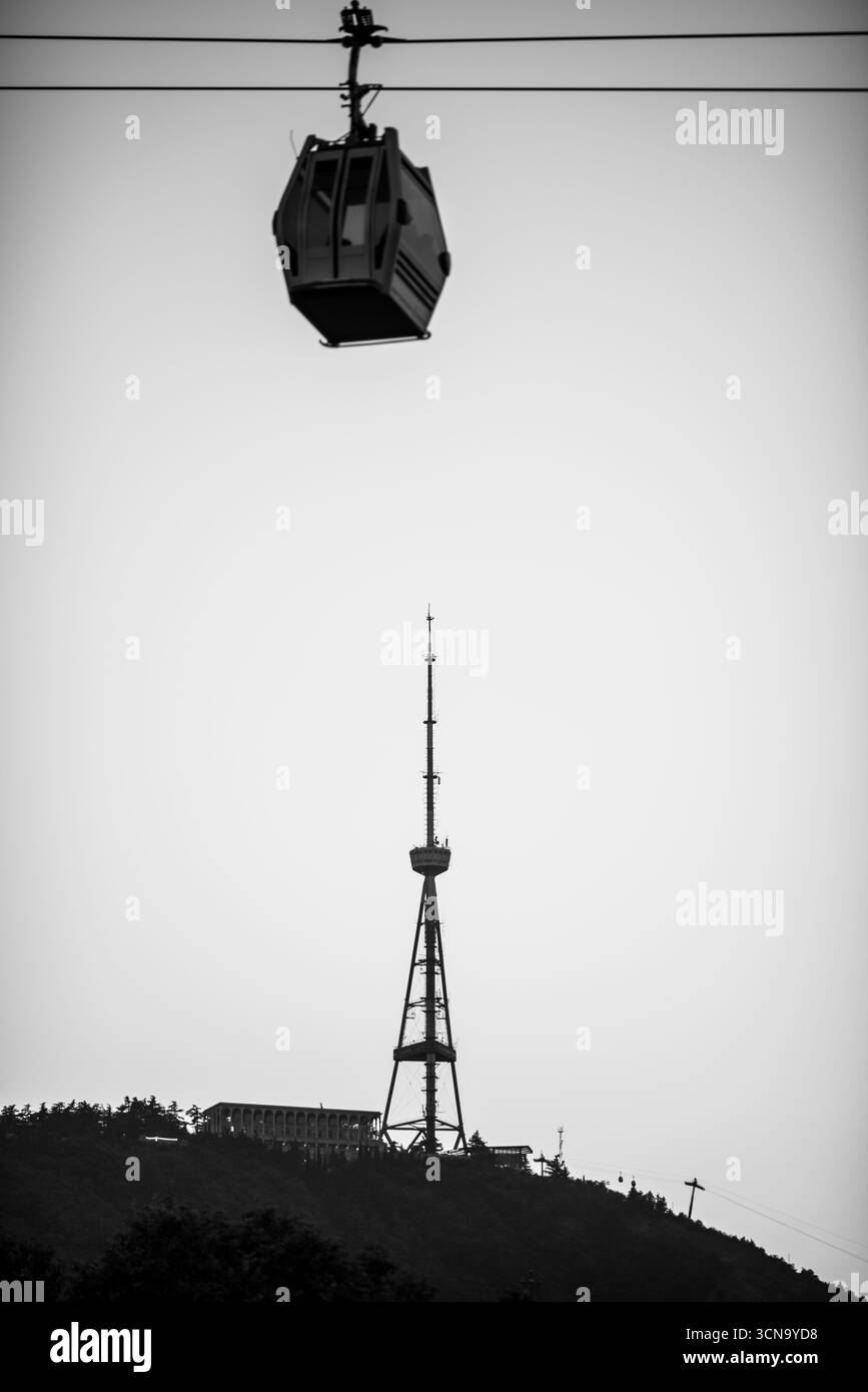 Black and white view of Tbilisi TV broadcasting communications tower ...