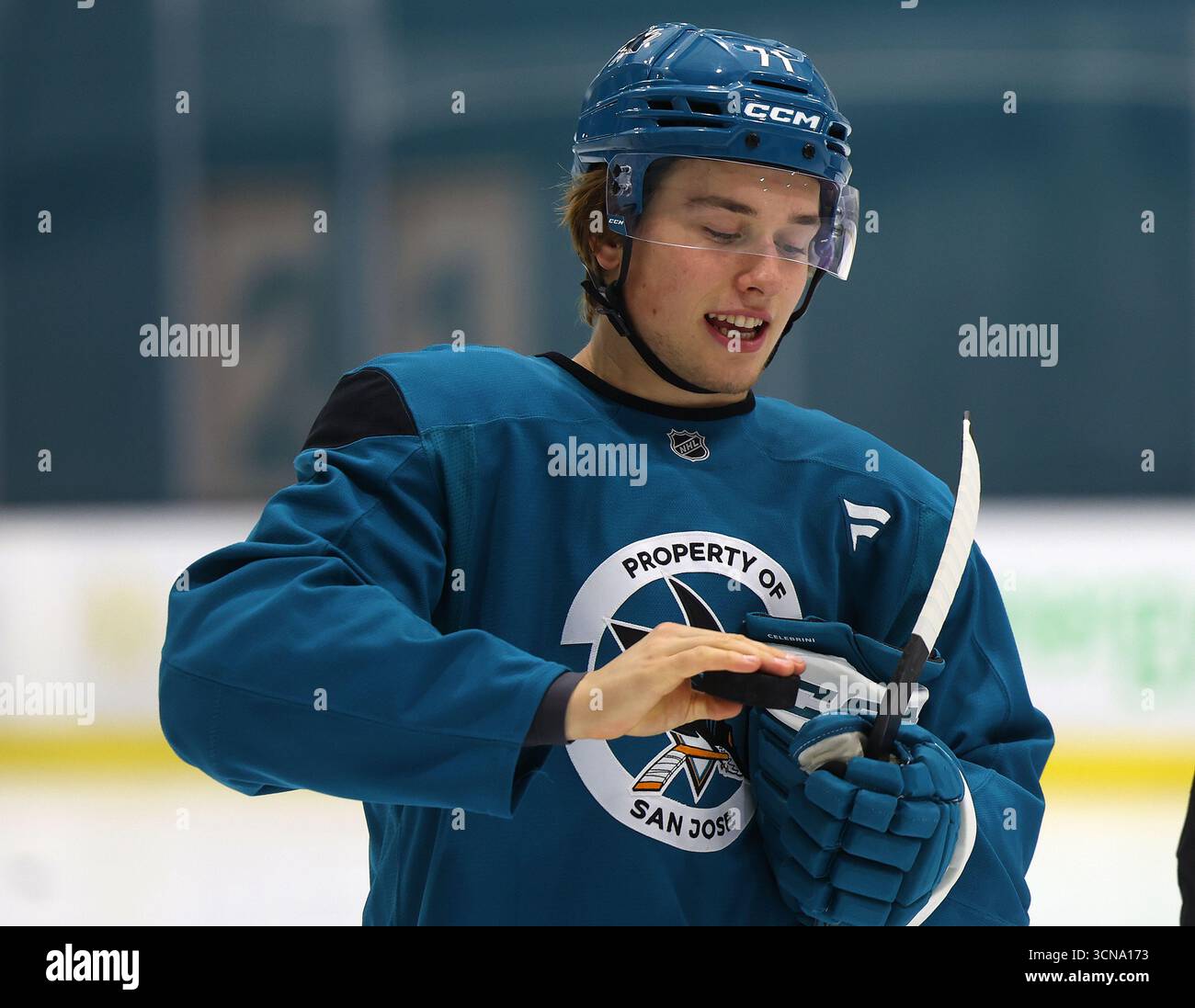 San Jose Sharks forward Macklin Celebrini (71) takes part in a practice ...