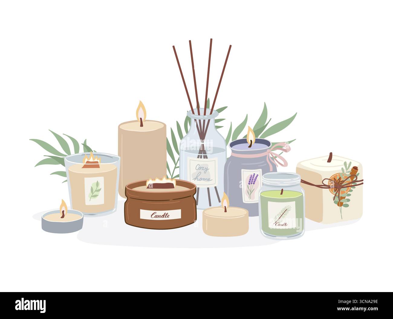 Set of burning cozy scented candles in jar flat cartoon vector ...