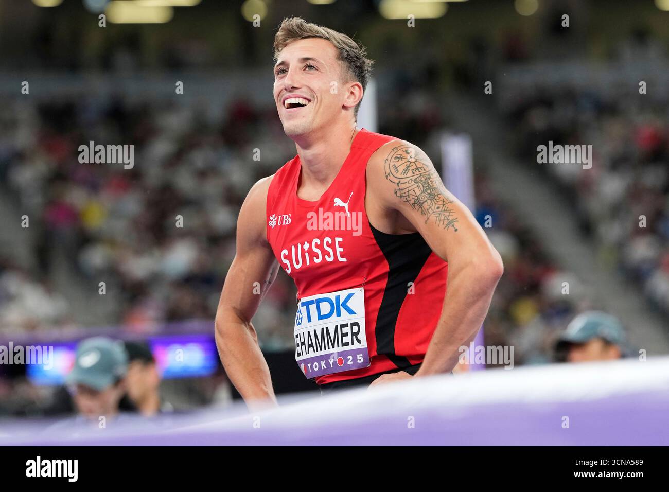 Switzerland's Simon Ehammer reacts in the decathlon high jump at the ...