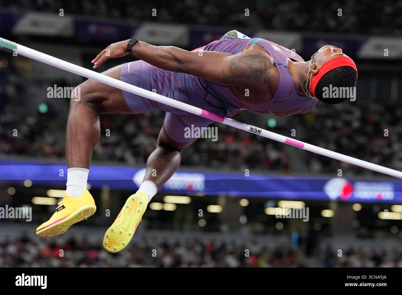 United States' Kyle Garland competes in the decathlon high jump at the ...