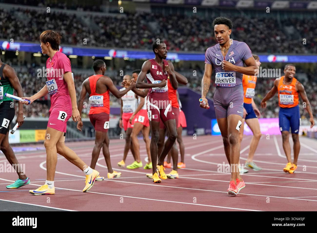 United States' Jenoah McKiver walks off after finishing a men's 4 X 400 ...