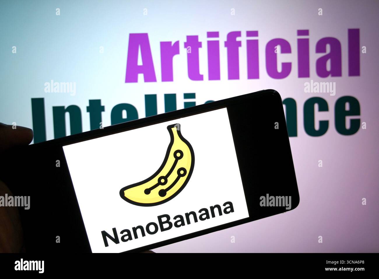 In this photo illustration, a Nano Banana logo seen displayed on a ...