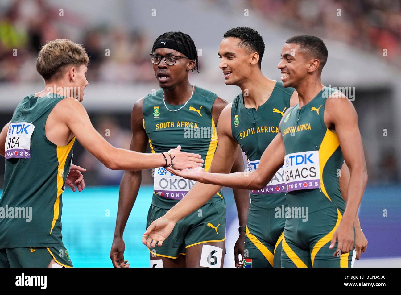 The South Africans team celebrates during a men's 4 X 400 meters relay ...