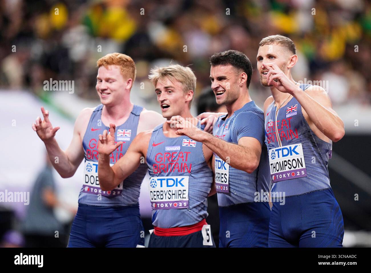 Team Great Britain reacts after a men's 4 X 400 meters relay heat at ...