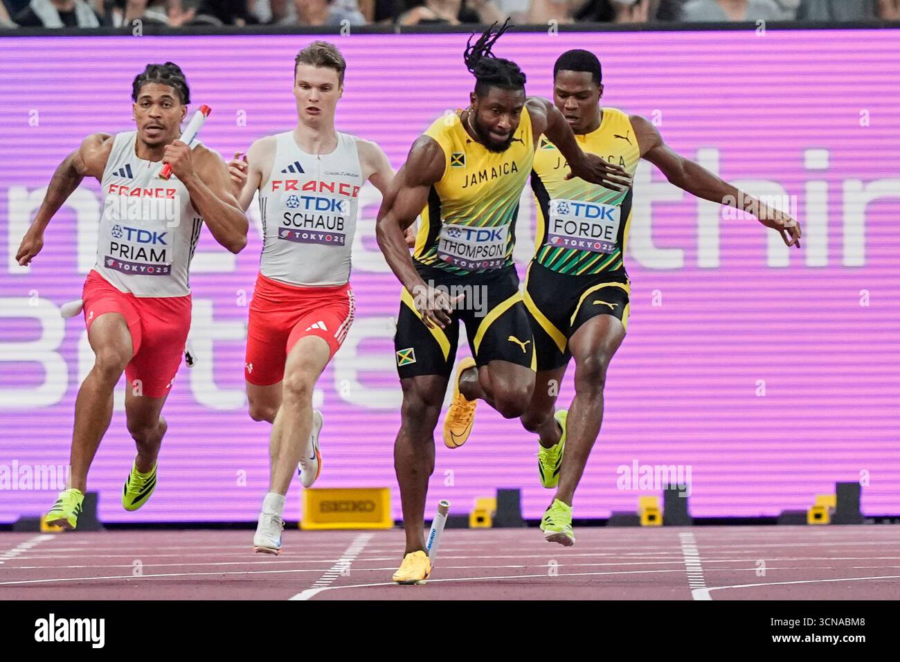 Jamaica's Ryiem Forde and Jamaica's Kishane Thompson drop the baton in ...